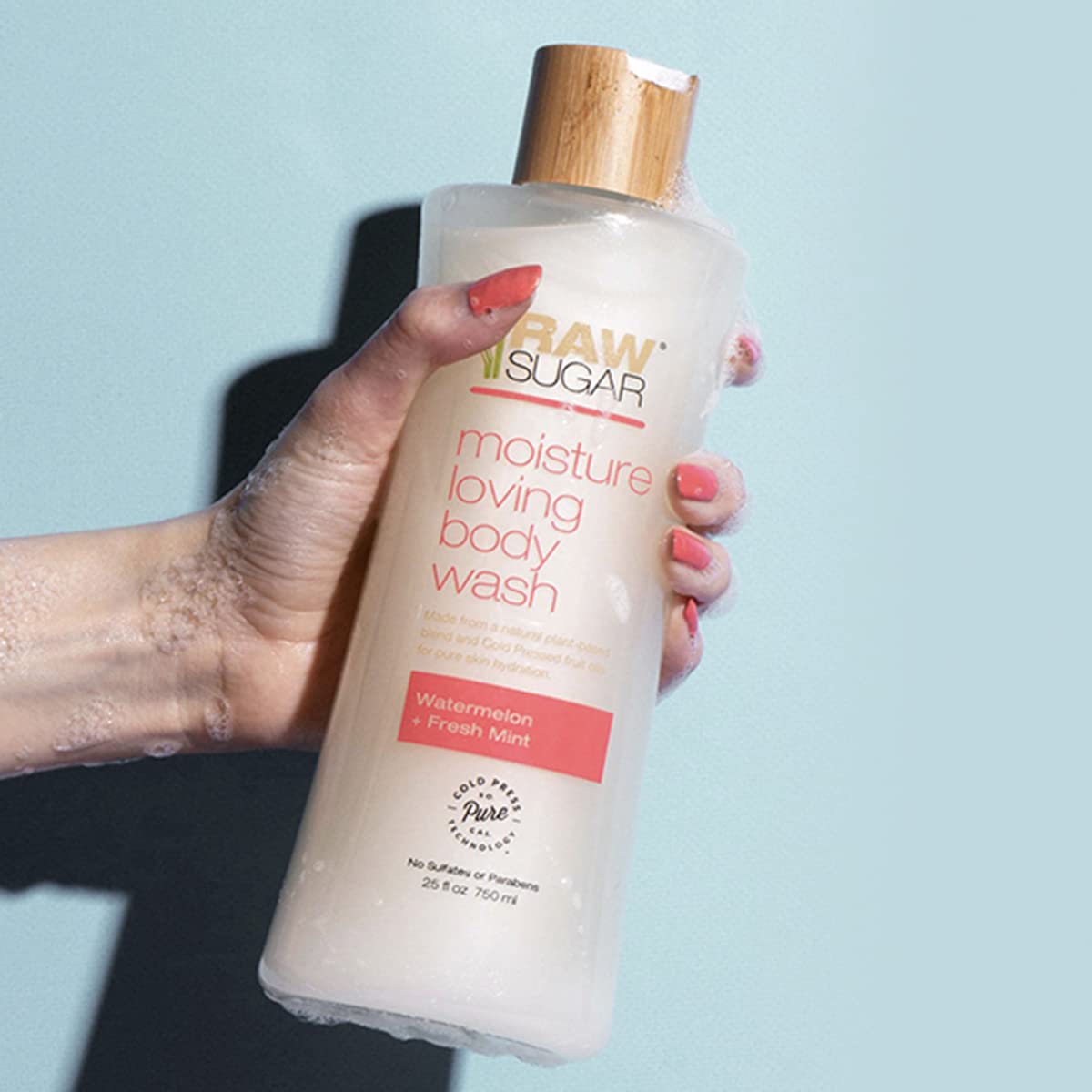 RAW SUGAR Moisture Loving Body Wash - Watermelon + Fresh Mint, Moisturizing & Refreshing Bath & Shower Gel, Formulated without Sulfates and Parabens & Vegan (Pack of 4)