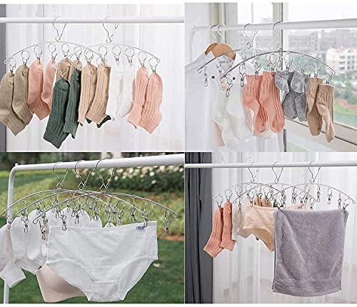 WudTus Clothes Hanger with 10 Clips, Stainless Steel, Windproof, for Drying Socks, Bras, Underwears, Baby Clothes, Hats, Scarfs, Towels, Pants and Gloves (4 Pack)