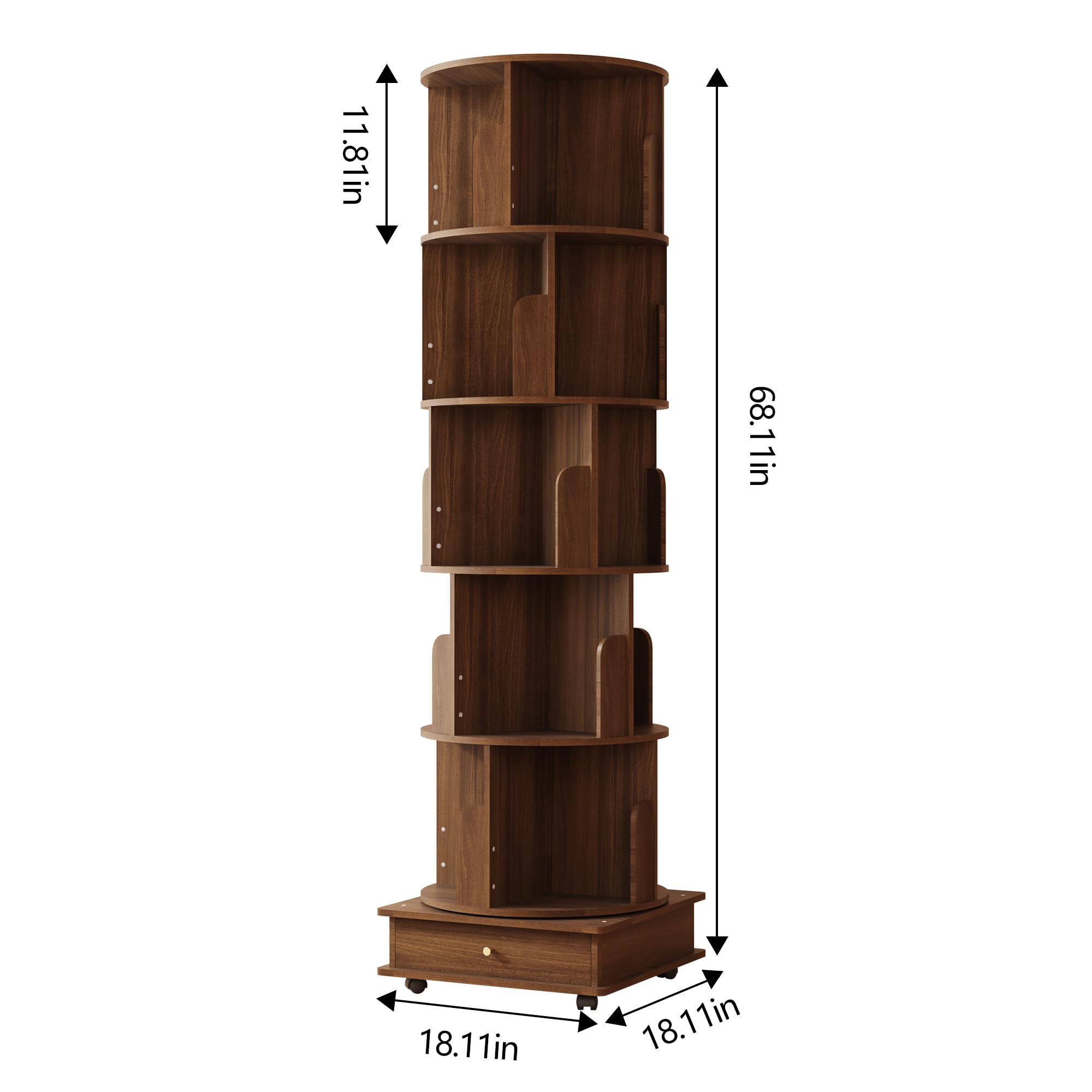 RNE Solid Wood Rotating Bookshelf Tower, 360 Rotating Bookshelf, Mobile Bookcase with Drawers and Wheels, for Bedroom, Living Room, Office (Walnut, 6-Tier)