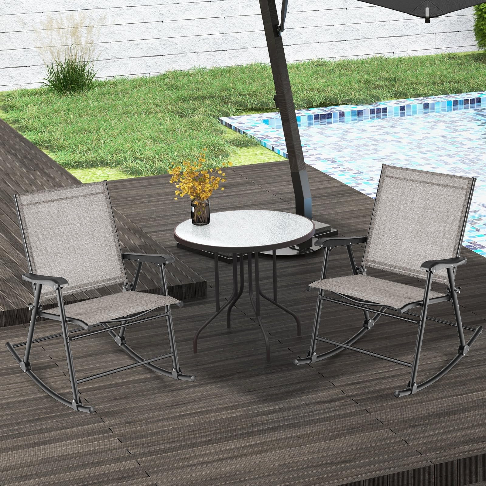 Tangkula Folding Rocking Chair Set of 2, Patio Rockers with Breathable Seat Fabric & Sturdy Metal Frame, Smooth Rocking Motion, Heavy-Duty Outdoor Rocker for Backyard, Front Porch, Poolside