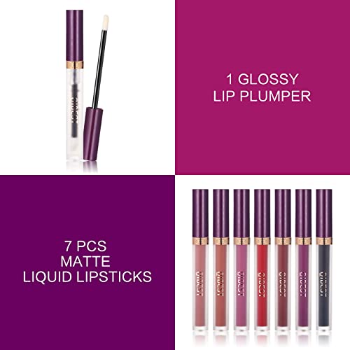 QiBest 7Pcs Matte Liquid Lipstick wiith 1Pcs Lip Plumper Makeup Set, Waterproof Lip Gloss Sets Kit Pigmented Long Lasting Velvet Lip Makeup Gift for Women and Girls