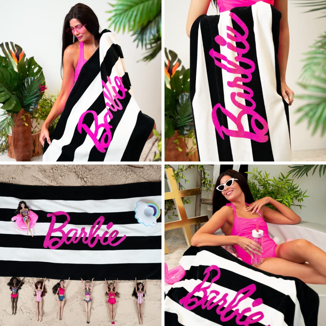 Franco Barbie Barbiecore Black & White Striped Soft Cotton Bath/Pool/Beach Towel, 60 in x 30 in, (Official Licensed Barbie Product)