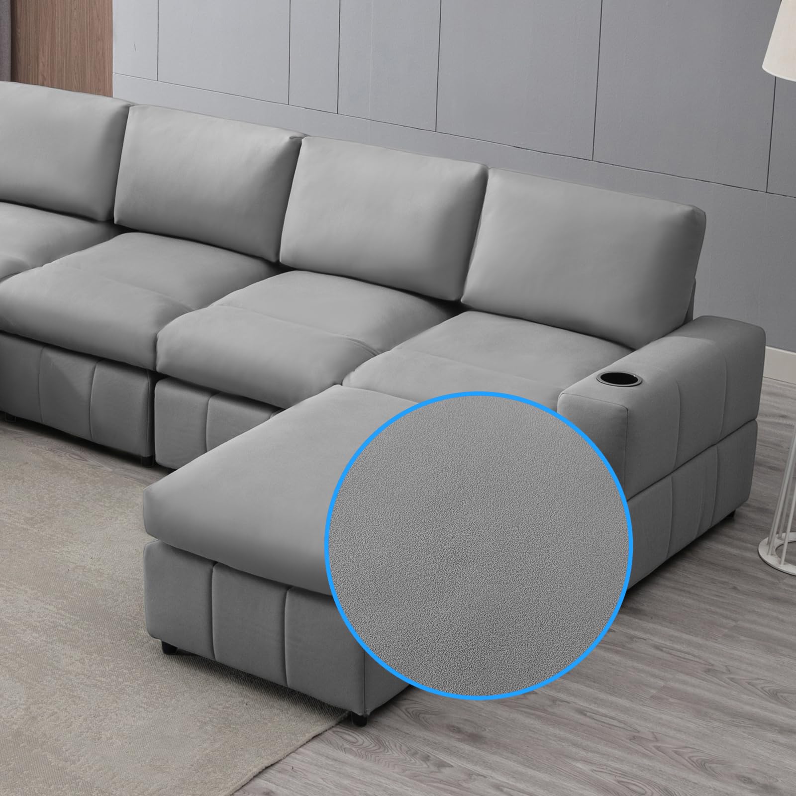 PUREMIND Modular Sectional Sofa, Convertible L Shaped Sectional Couches with Reversible Chaise for Living Room, Suede Leather 6-Seats U Shaped Sofa Sleeper with Cup Holder (Light Grey)