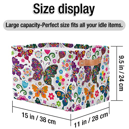 Pardick Floral Butterfly Large Collapsible Storage Bins ,Flying Butterfly Decorative Canvas Fabric Storage Boxes Organizer with Handles,Rectangular Baskets Bin for Home Shelves Closet Nursery Gifts
