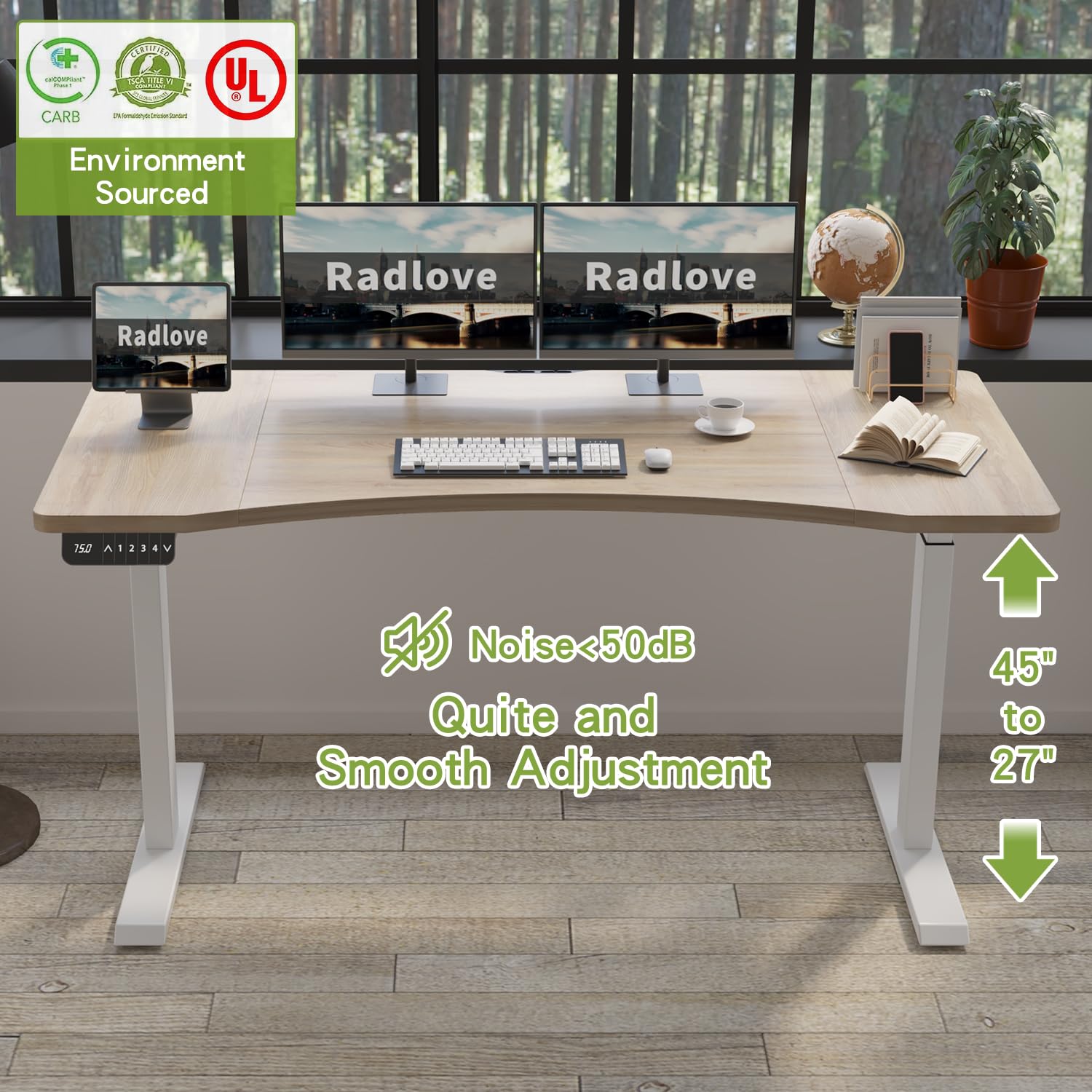 Radlove Dual Motors Height Adjustable 63 x 30'' Electric Standing Desk with Curved Design Stand Up Table 4 Memory Keys, Computer Desk with Splice Board Home Office Desk, Oak Top + White Frame