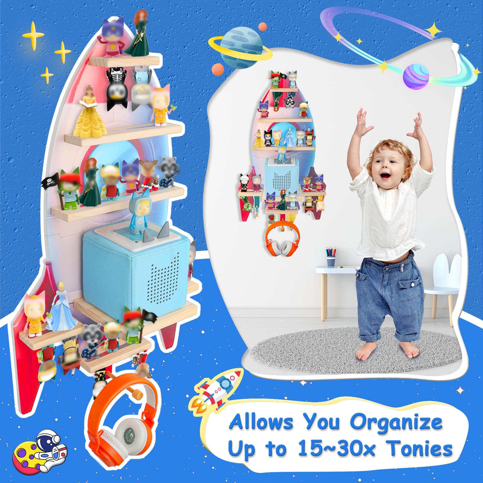 Taladad for Toniebox Starter Tonie Shelf Wall Mounted,Tonies Figures Tonies Storage,Magnetic Wooden Floating Shelves Compatible with Tonie Box Player Character for Children Room