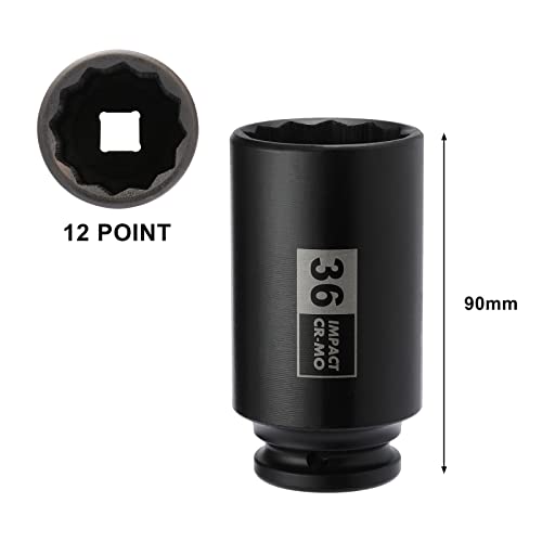 Mayouko 4PCS 1/2" Drive Deep Axle Nut Impact Socket Set, CR-MO, 12 Point Design, Metric, 30,32,34,36mm, 1/2 Inch Extra Deep Impact Socket