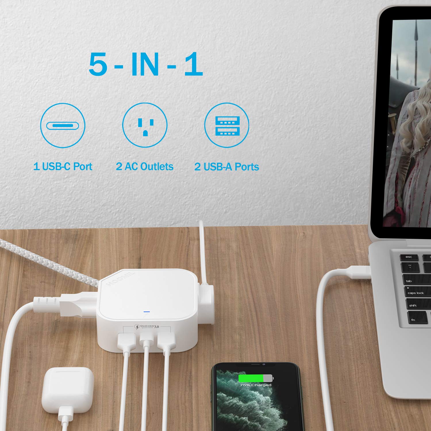 Power Strip with USB C, HOOMIL Fast Charge Surge Protector Power Strip with 3 USB Ports and 2 Outlets, Flat Plug and 5FT Braided Extension Cord for Travel, Home, Dorm Rooms or Offices (White)