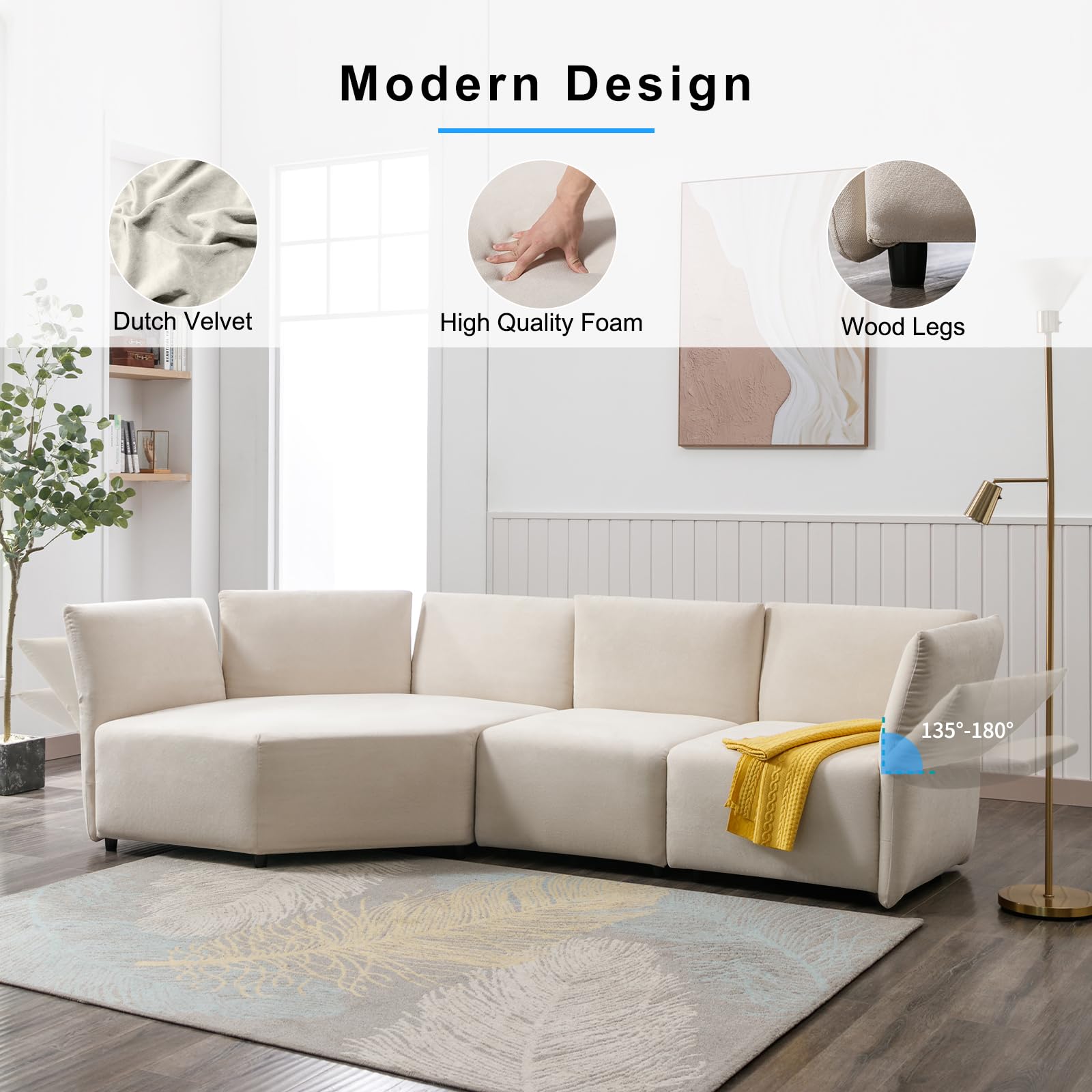 PUREMIND Velvet Curved Sectional Sofa for Livring Room,128" Large Modern Sectional Couch w Chaise,Modular Sofa w Adjustable Armrest and Backrest, Curved Sofa Couch for Living Room, Beige
