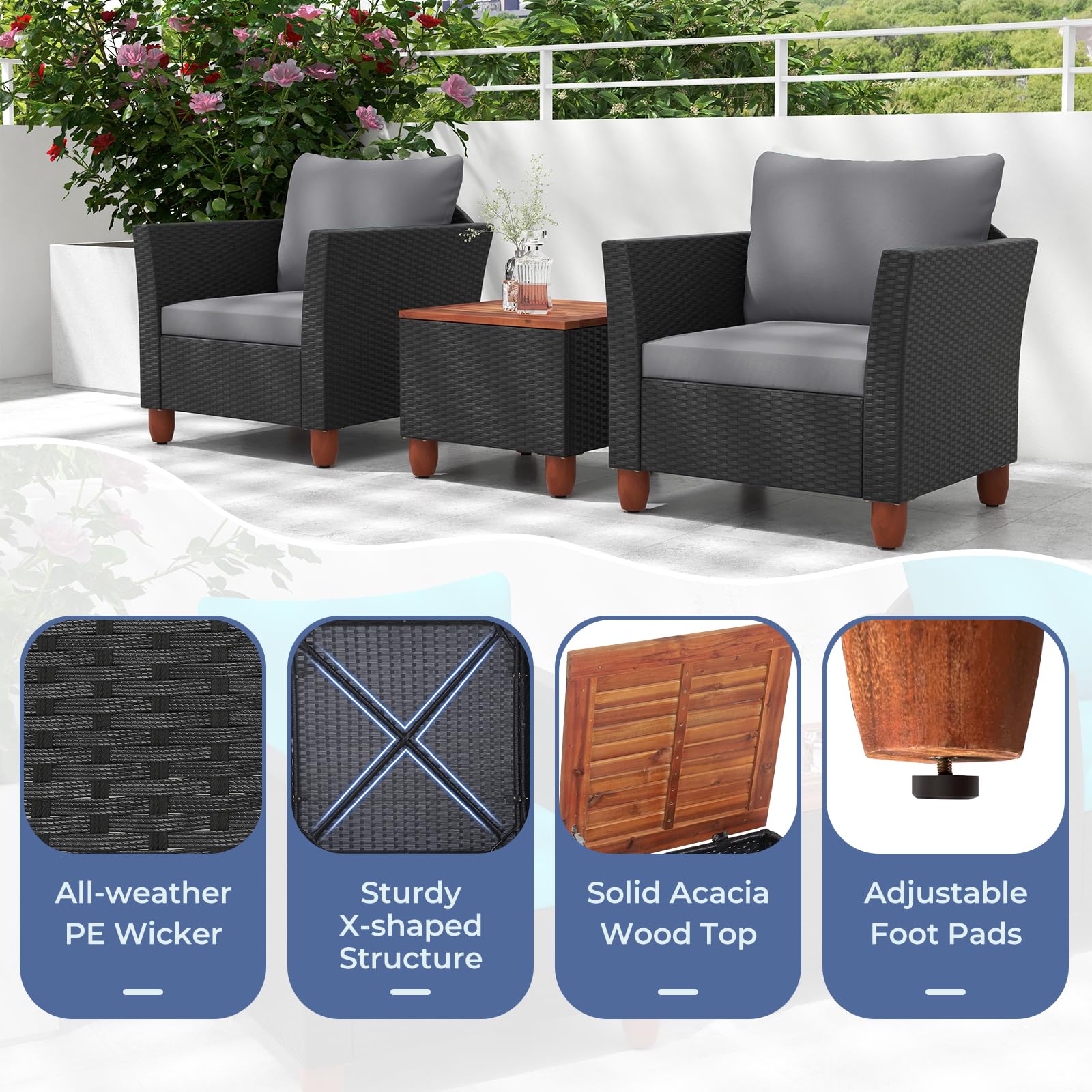 ORALNER 3 Pieces Patio Furniture Set, Outdoor Wicker Conversation Chairs with Cushion, Acacia Coffee Table, Rattan Bistro Set for Balcony Garden Backyard Front Porch Poolside (Grey)