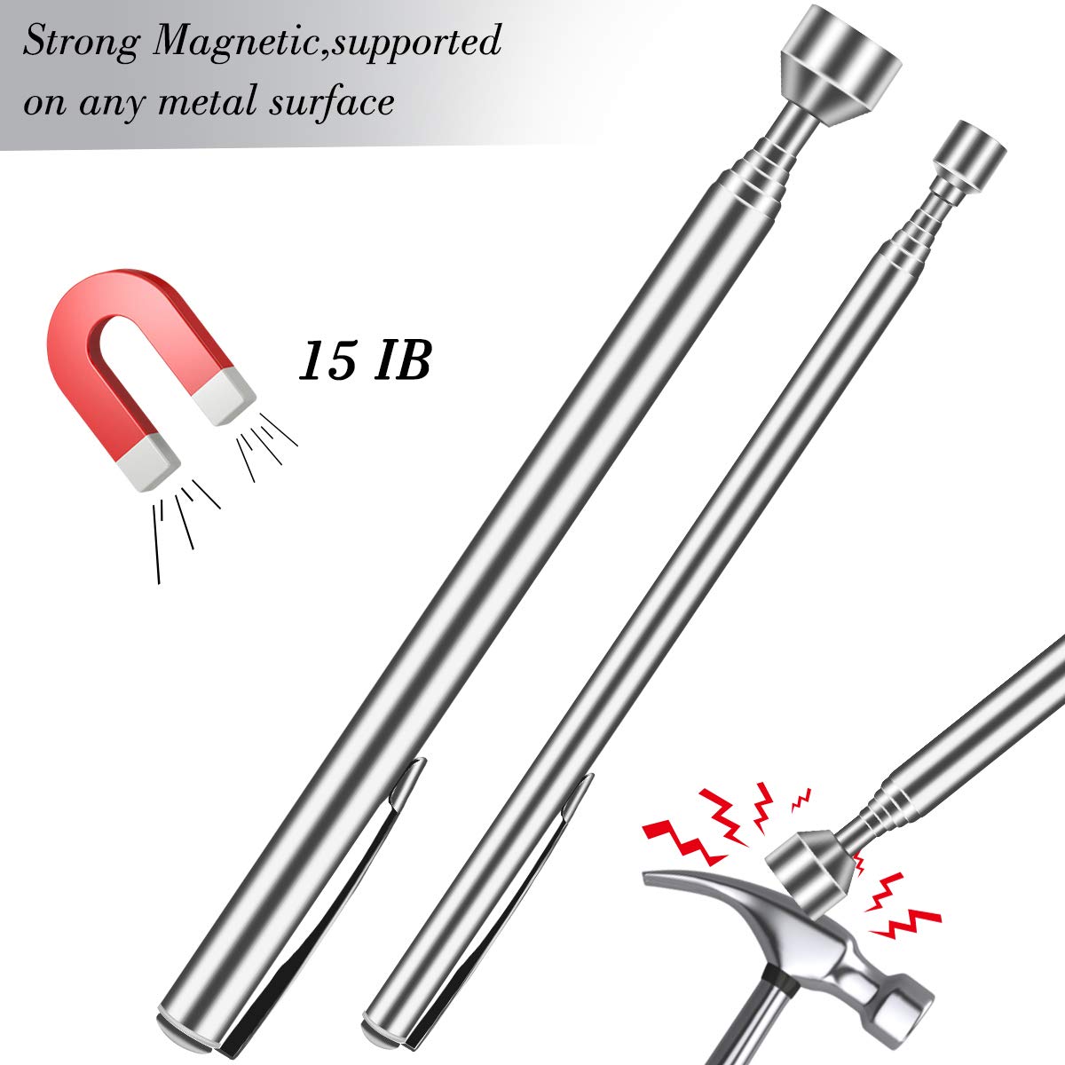 Magnetic Pick-up Tools,5PcsTelescoping Magnetic Pick-Up Tool Dad Father Christmas Gift 15lb/1lb Pick Up Rod, Telescoping Flexible 3 Led Flashlight Round/Square 360° Swivel Adjustable Inspection Mirror