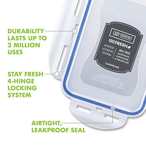 LocknLock Easy Essentials On The Go Meal Prep Lunch Box, Airtight Containers with Lid, BPA Free, Square (4 Section) -29 oz, Clear (Pack of 2)
