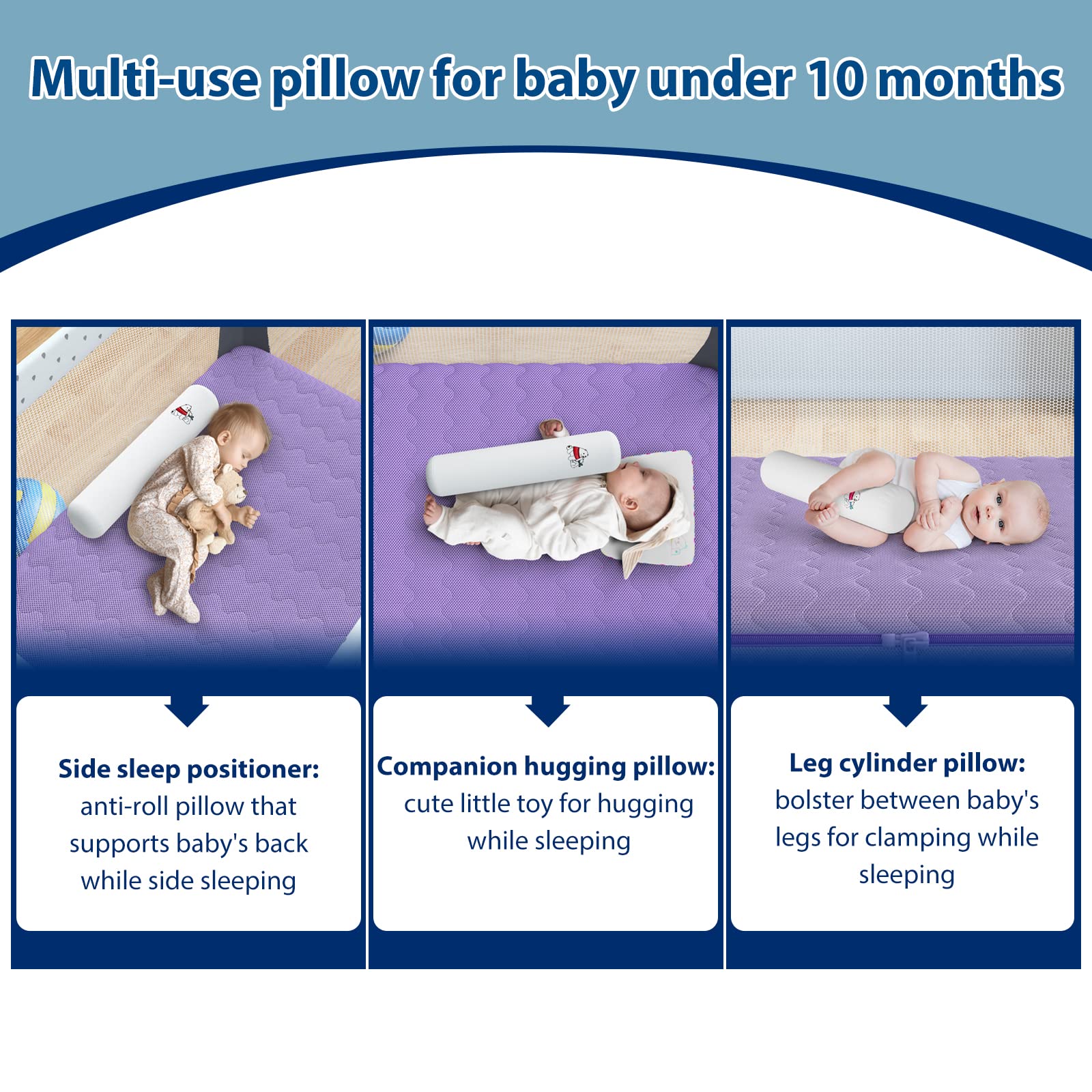 Moonlightfamily Anti Roll Pillow, Cylinder Bolster Anti Rollover Side Sleep Adjust Pillow, Indoors & Outdoors for Crib, Playpen, Car, Camping, Machine Washable, 4x23.5inch, 2pack