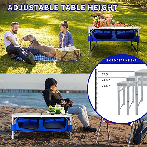 JooMoo Folding Camping Table with Storage - Portable Outdoor Aluminum Picnic Tables with Organizer and 2 Chairs, 3 Adjustable Heights, Lightweight Dining Table for Camp Beach Party BBQ