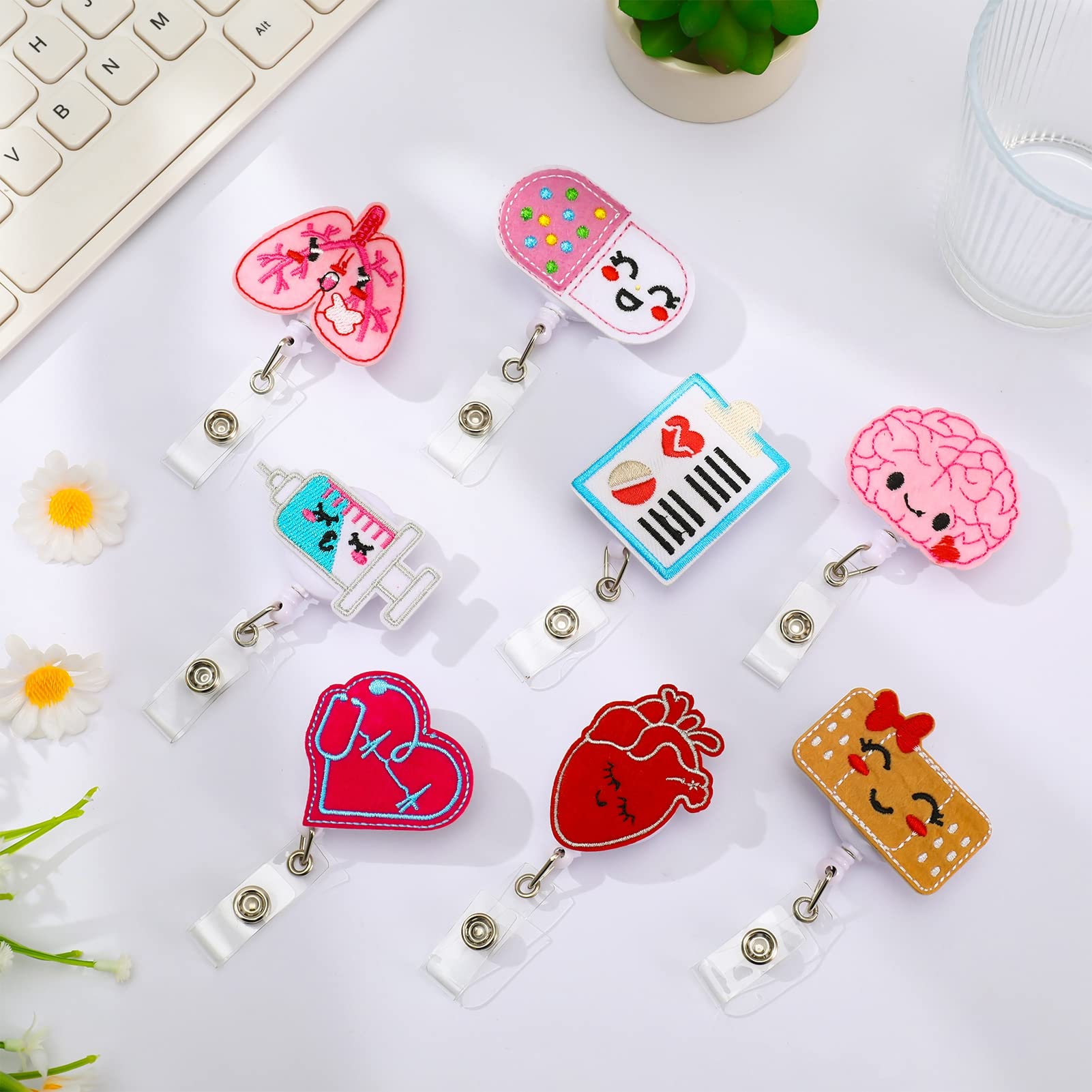 FRIUSATE 8 Pieces Nursing Badge Reel, Retractable Badge Holder Brain Heart Lung ID Reel Felt Decorative Holder with Clip for Doctor Nurse Office School Teacher Student