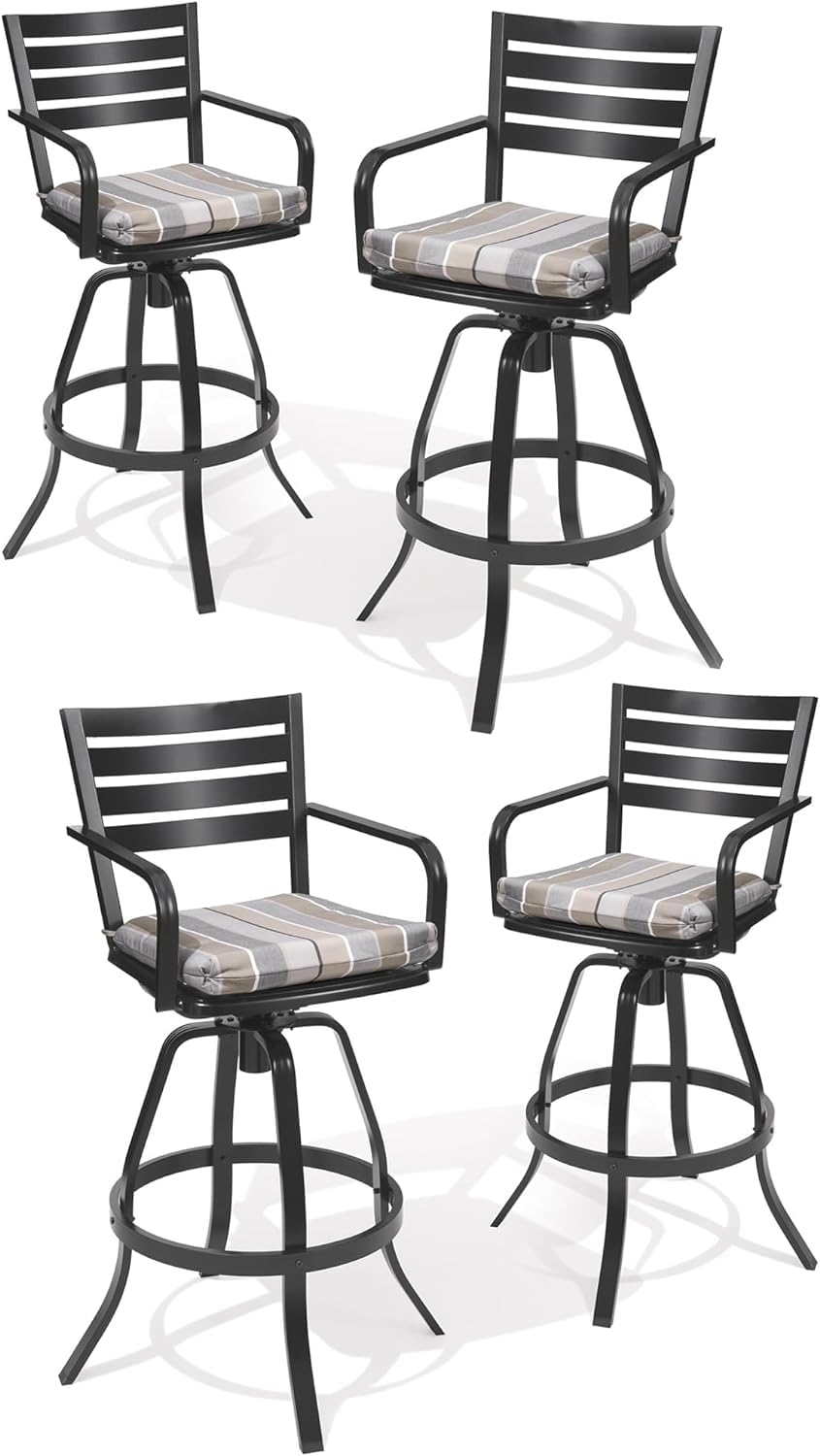 Pellebant Outdoor Bar Stools Set of 4 - Aluminum Swivel Barstools with Sunbrella Cushion, Cast Aluminum Patio High Chair Bistro Set,Milano Char (Milano Char, 4 PC)