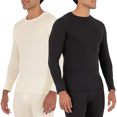 Fruit of the Loom Men's Recycled Waffle Thermal Underwear Crew Top (1 and 2 Packs), Black/Natural, X-Large