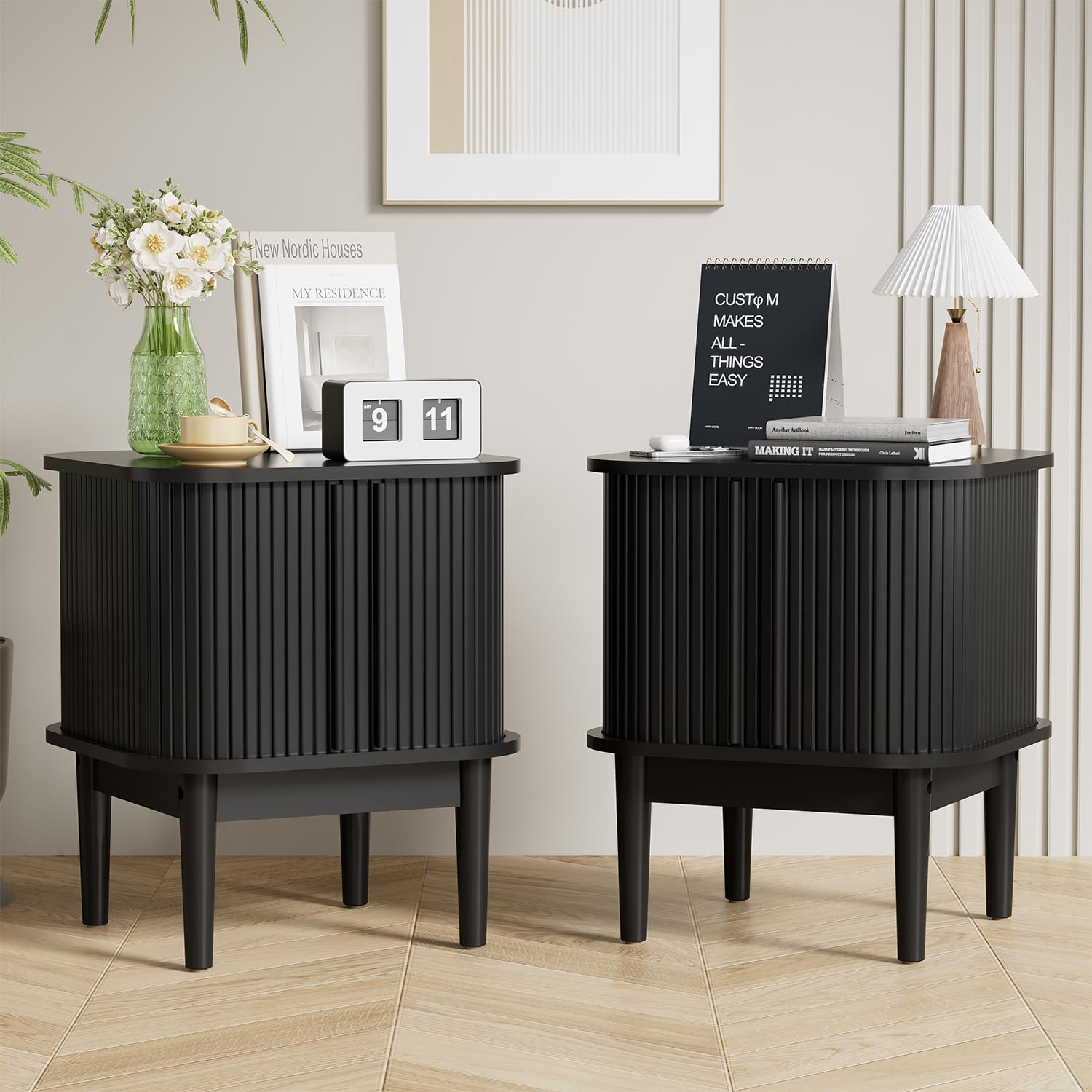 ORGANSANDS Sliding Door Tambour Nightstand Set of 2, Black Storage End Table with Curved Edge Design, Small Bedside Table Compact Sofa Side Table for Bedroom, Hallway, Small Space