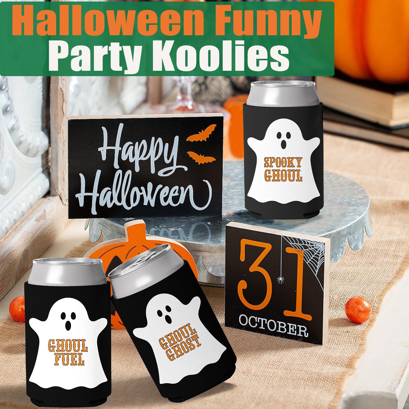 Pop Nordic Halloween Party Can Cooler Sleeves - 6 Pack Halloween Ghost Drink Cooler Decor, Funny Beer Cozy Bulk for Halloween Party Favor Supplies Gathering Gift Ideas
