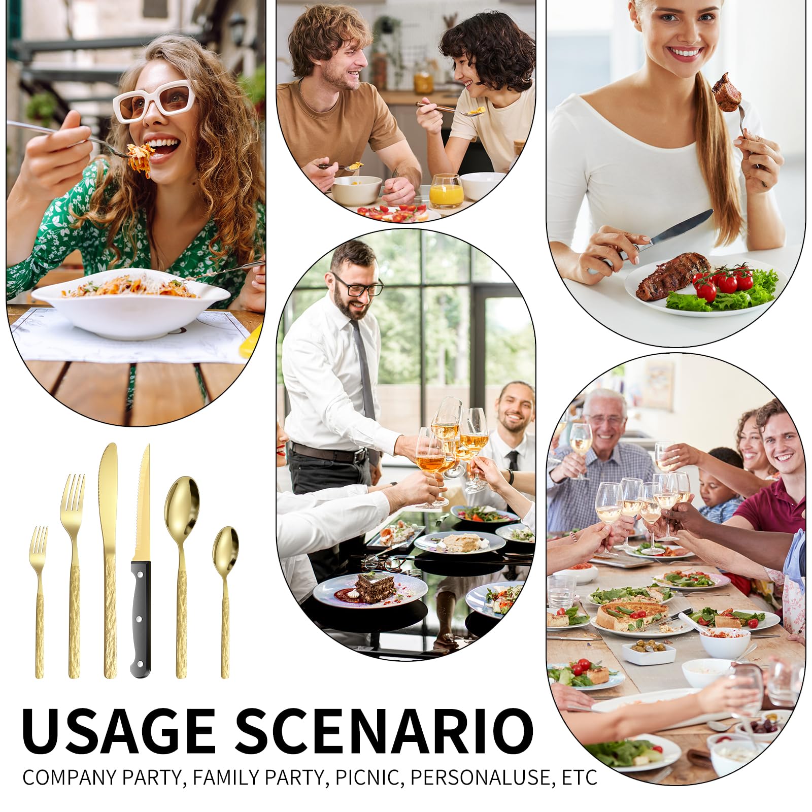 Premium 24-Piece Stainless Steel Cutlery Set with Steak Knives - Golden Silverware Set for Elegant Dining Experience