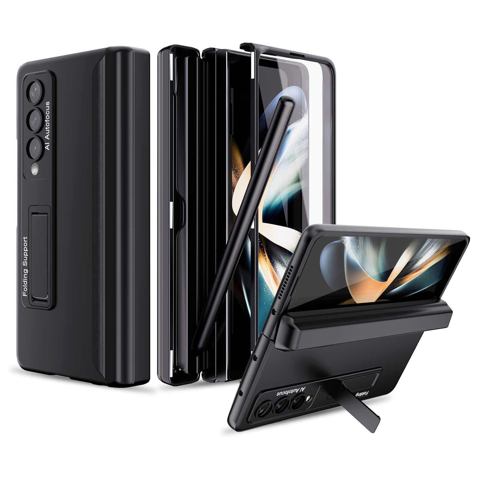 Ni-SHEN for Samsung Galaxy Z Fold 4 Case Hinge Protection Build in Hidden S Pen Holder/Front Tempered Glasss Screen Protector Shield with Kickstand Magnetic Full Protective Cover