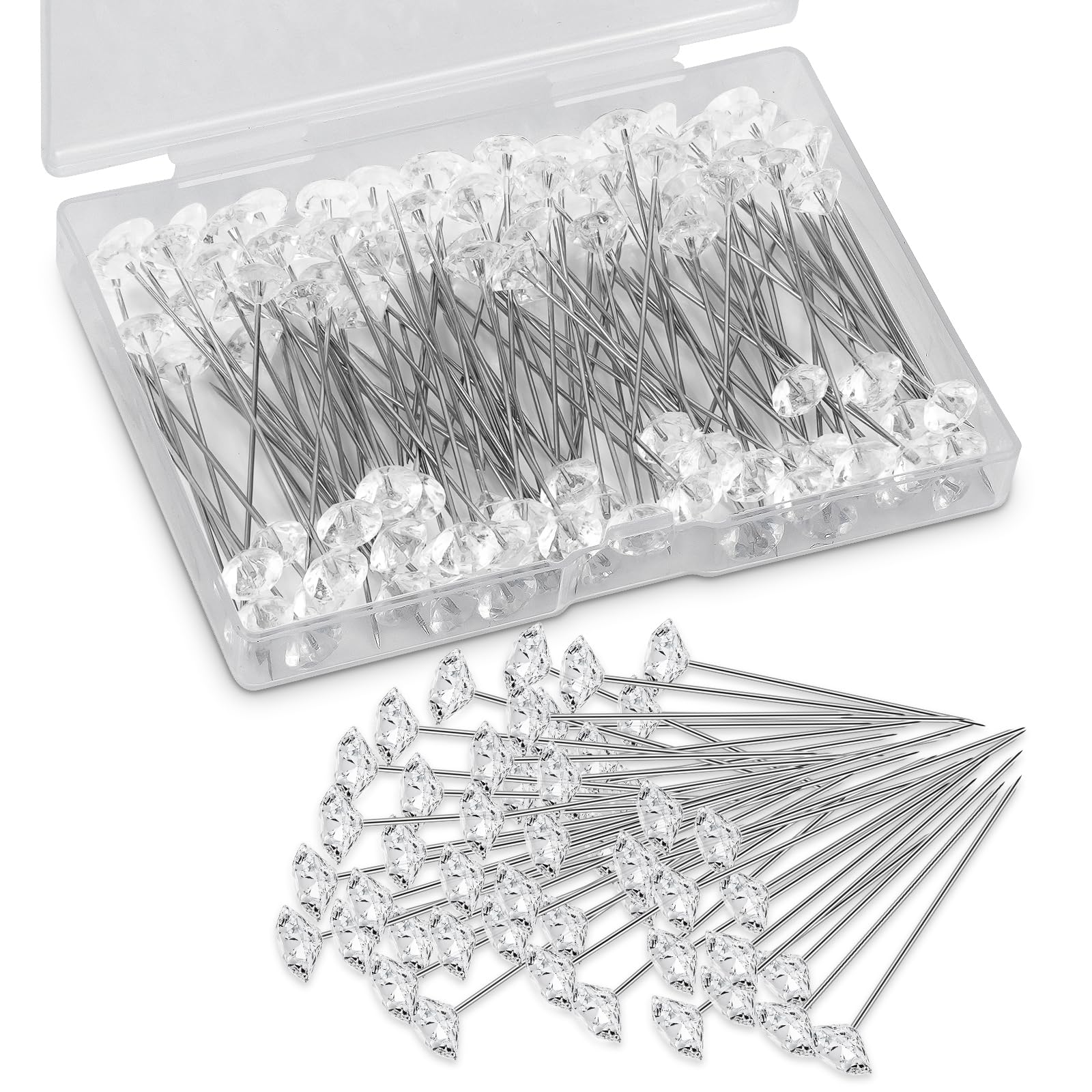 Frociviny 100pcs Bouquet Pins, 2.1 Inches Corsage Pins, Diamond Rhinestones Crystal Head Pins,Elegant Boutonniere Pin, Straight Floral Pins, Clear Flower Pins for Wedding Anniversaries DIY Craft