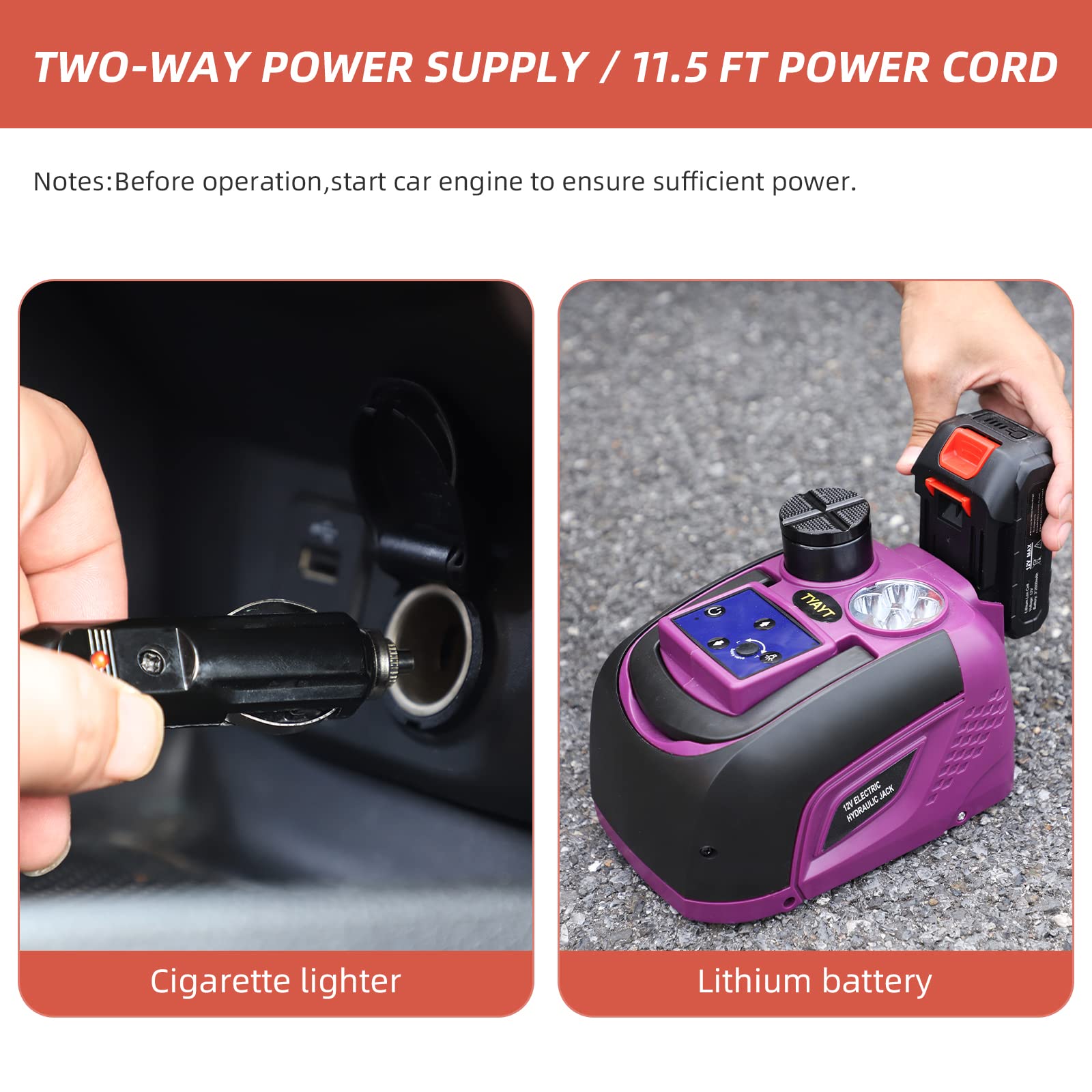 TYAYT Electric Car Jack Kit, 5 Ton Cordless Hydraulic Car Jack, 12V Portable Car Jack with LED Light for SUV MPV Sedan, Lifting Range 6.6 to 17.5 Inch(Purple)
