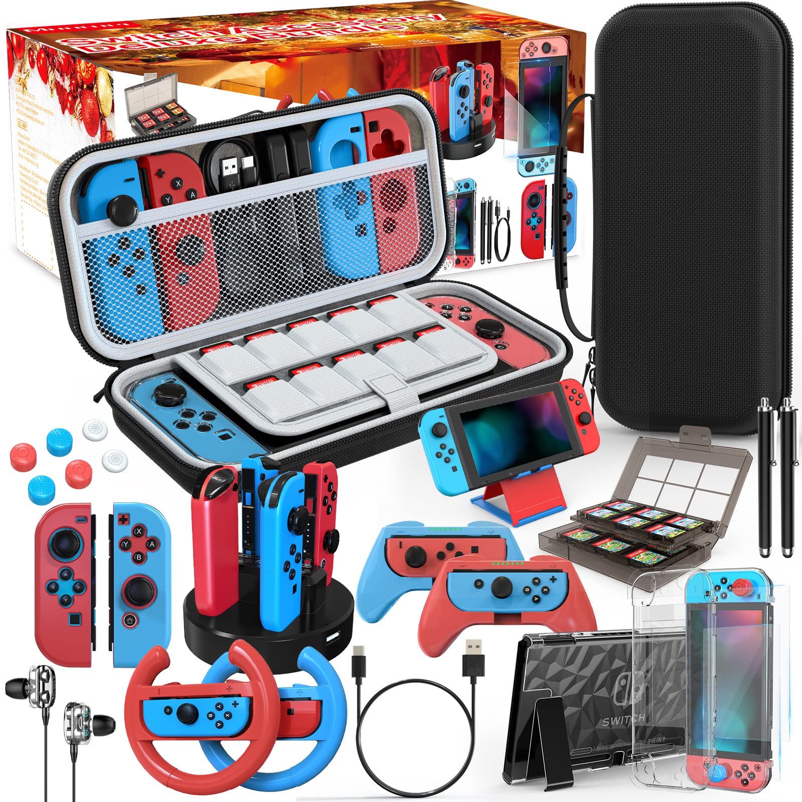 Mooroer Switch Accessories Bundle Compatible with Nintendo Switch, 27 in 1 Gift Kit with Carrying Case, Dockable Protective Case Cover, Screen Protector, Joycon Grip, Steering Wheel & More (Red&Blue)