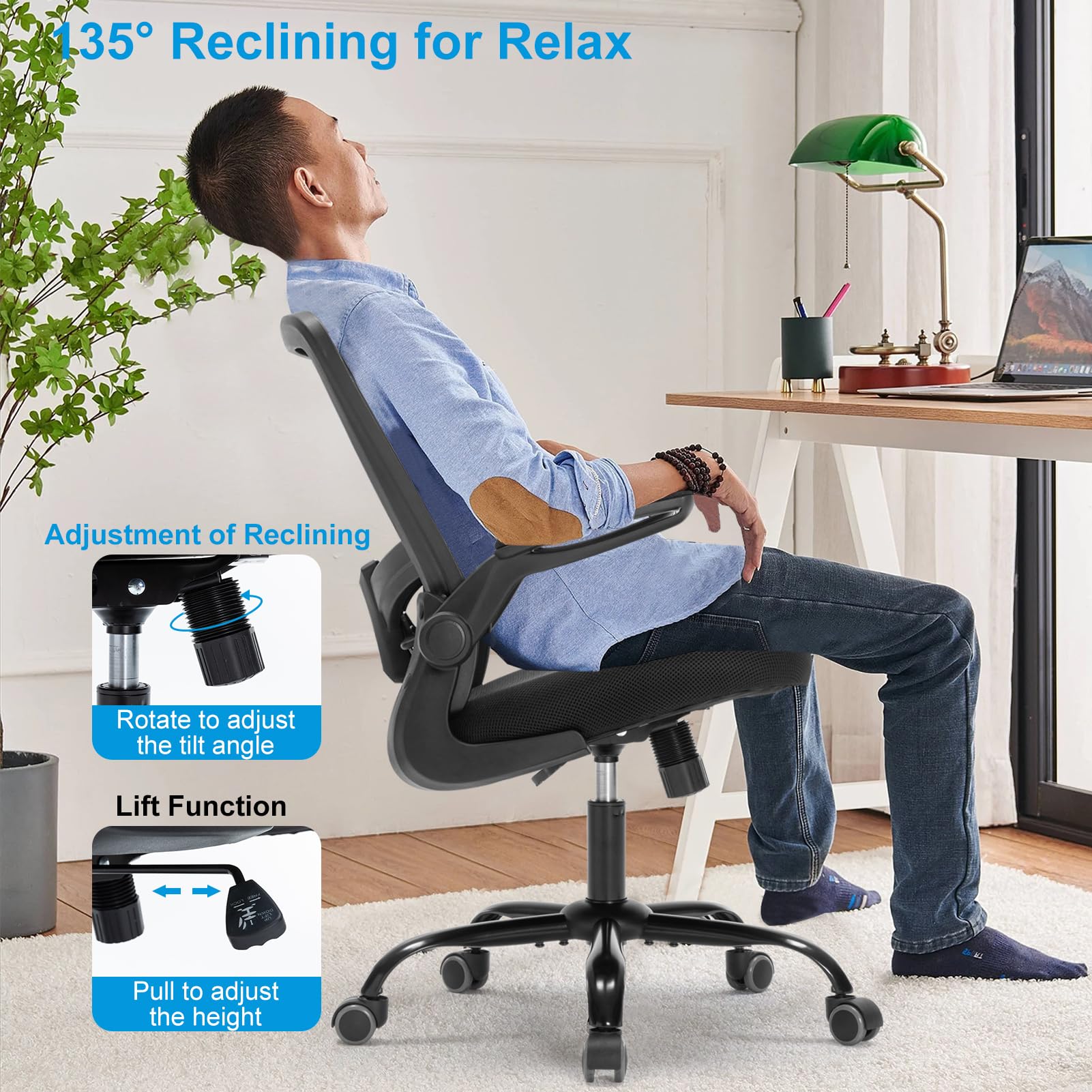 Office Computer Desk Chair,Ergonomic Executive Office Chair with Mesh, Adjustable Lumbar Support, Swivel Rolling for Home, Bedroom, Study, Student, Adults, Black