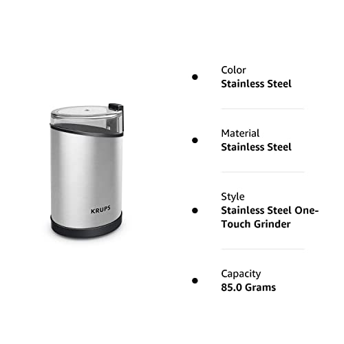 Krups Fast-Touch Stainless Steel Coffee and Spice Grinder 3oz, 85 gr bean hopper Easy to Use, One Touch Operation 200 Watts Coffee, Espresso, French Press, Spices, Dry Herbs, Nuts, 12 cups Silver