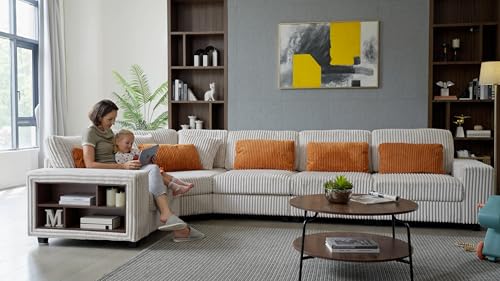 Sectional Sofa Couches for Living Room: 142" Oversized Modular L Shaped Sofas with Storage - Beige 5 Seats Corner Sofa Faux Fur Plush Fabric Orange Pillows