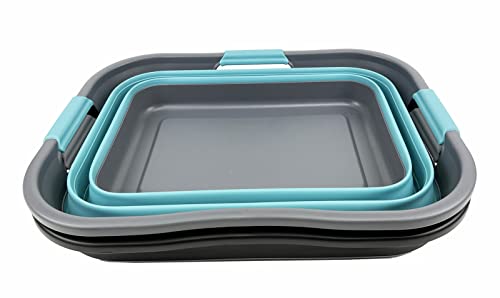 SAMMART 30L (8 gallon) Set of 2 Collapsible Plastic Laundry Basket - Foldable Pop Up Storage Container/Organizer - Portable Washing Tub - Water capacity: 24L (6.3 gallon) (Alloy Grey + Crystal Blue)