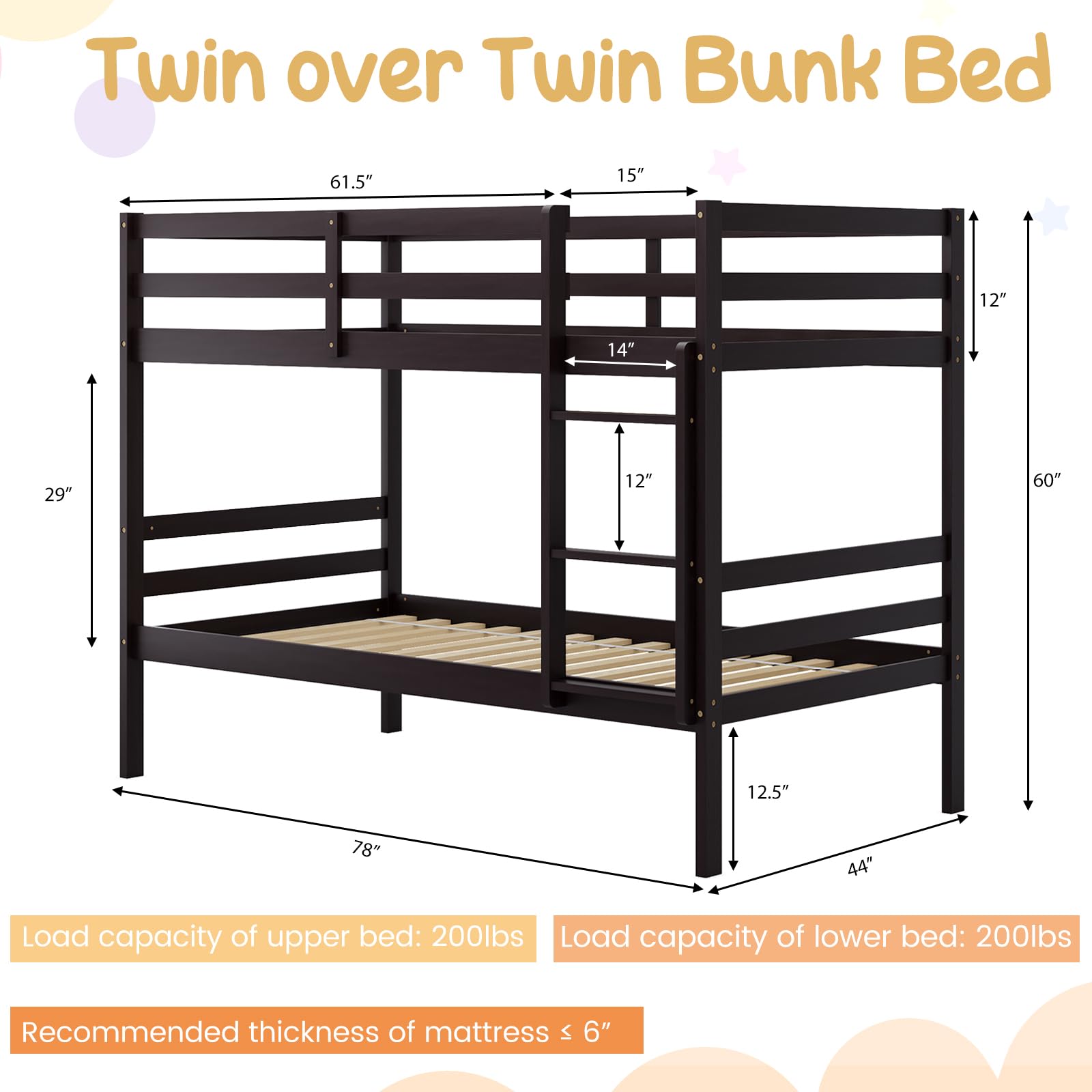 Giantex Bunk Bed Twin Over Twin White, Solid Wood Bunk Bed with Sturdy Ladder & 12 Inch Safety Guard Rails, Twin Size Wood Bed Frame for Dormitory, No Box Spring Needed, Bunk Beds for Kids Teens