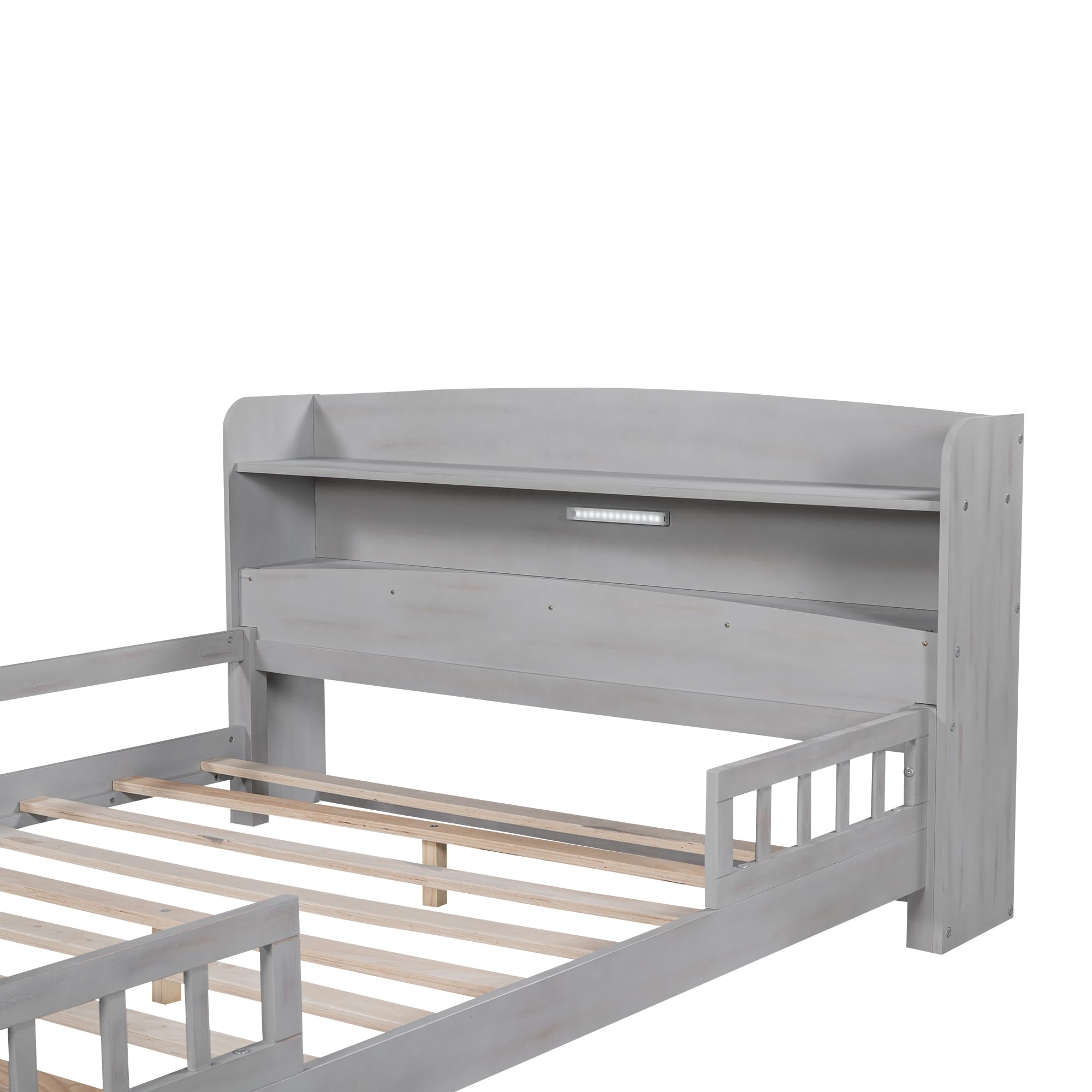 GJHOME Full Size Platform Bed with Built-in LED Light, Storage Headboard and Guardrail, Antique Grey for Kids and Adult Bedroom