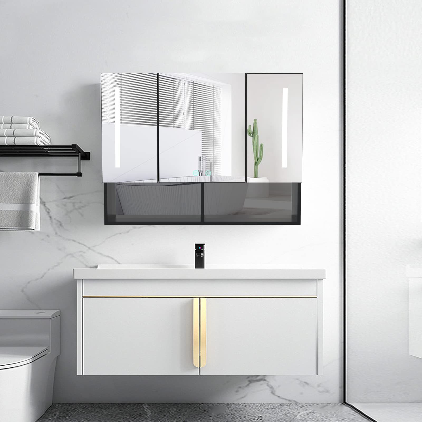 Seenvlog Medicine Cabinet with Lights,LED Medicine Cabinet for Bathroom with Defogger,Dimmer,3 Doors,35"* 27"*5",Lighted Medicine Cabinet,Surface Mount