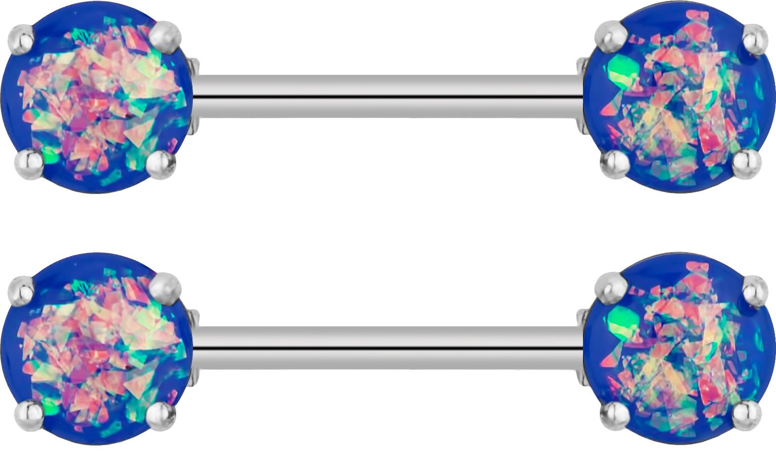 Forbidden Body Jewelry 14G Set of Surgical Steel Blue Simulated Opal Glitter Gemstone Nipple Ring Barbells