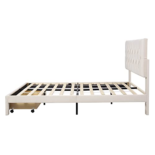 YuiHome Queen Bed Frame with Storage Drawer, Velvet Upholstered Storage Bed with Button Tufted Headboard, Wingback Platform Bed Queen Size,No Box Spring Required,Beige