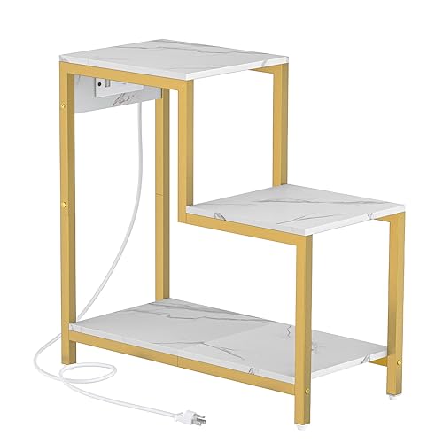 Snughome End Table with Charging Station, Narrow Side Table, 3 Tier Modern Nightstand with USB Ports and Outlet, Sofa Beside Table for Living Room, Bedroom,White and Gold