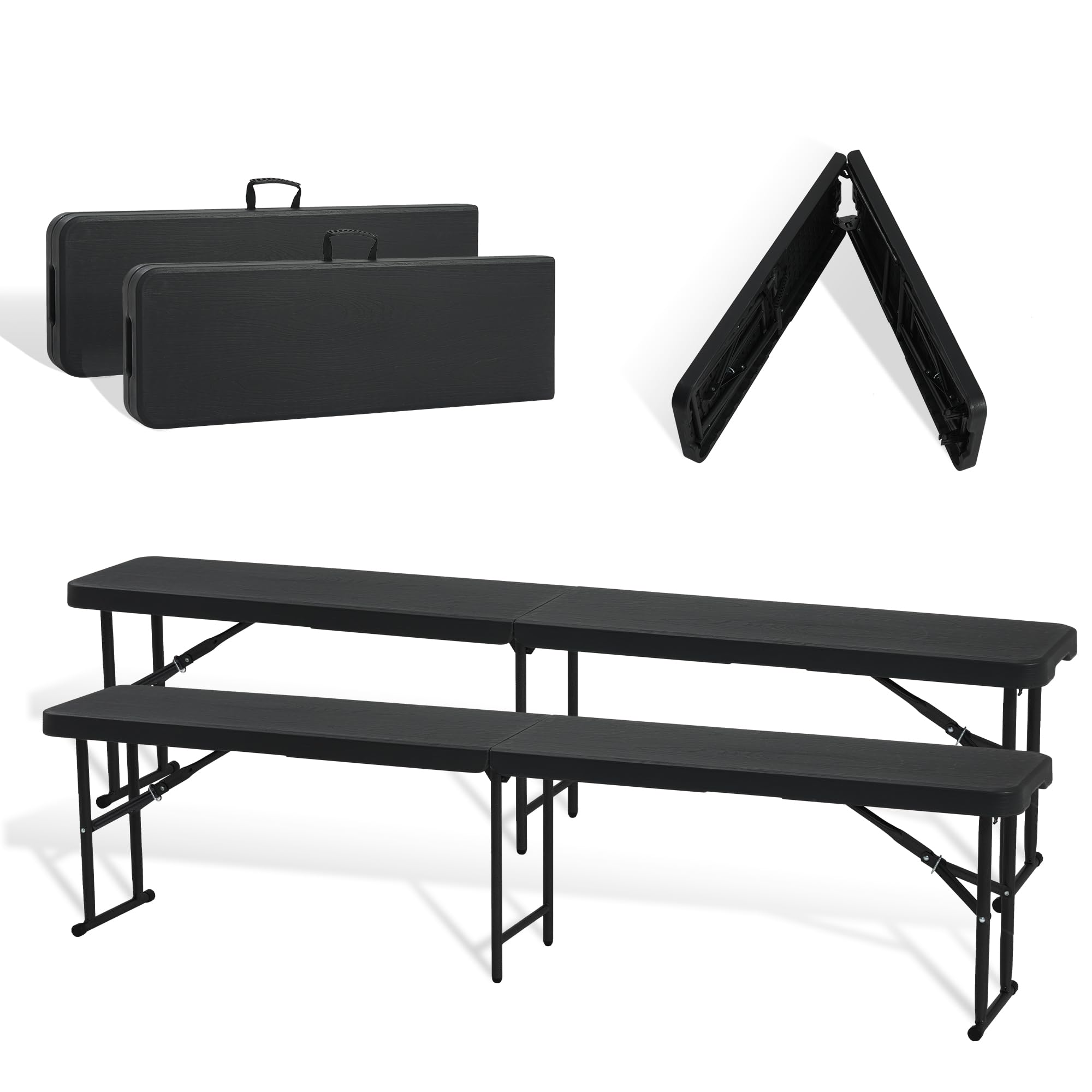 Real Relax 6FT Folding Bench, 2 Pack Portable Bench with Handle and Non-Slip Pad, Waterproof Camping Bench for Garden, Picnic, Indoor Outdoor Entertaining, White