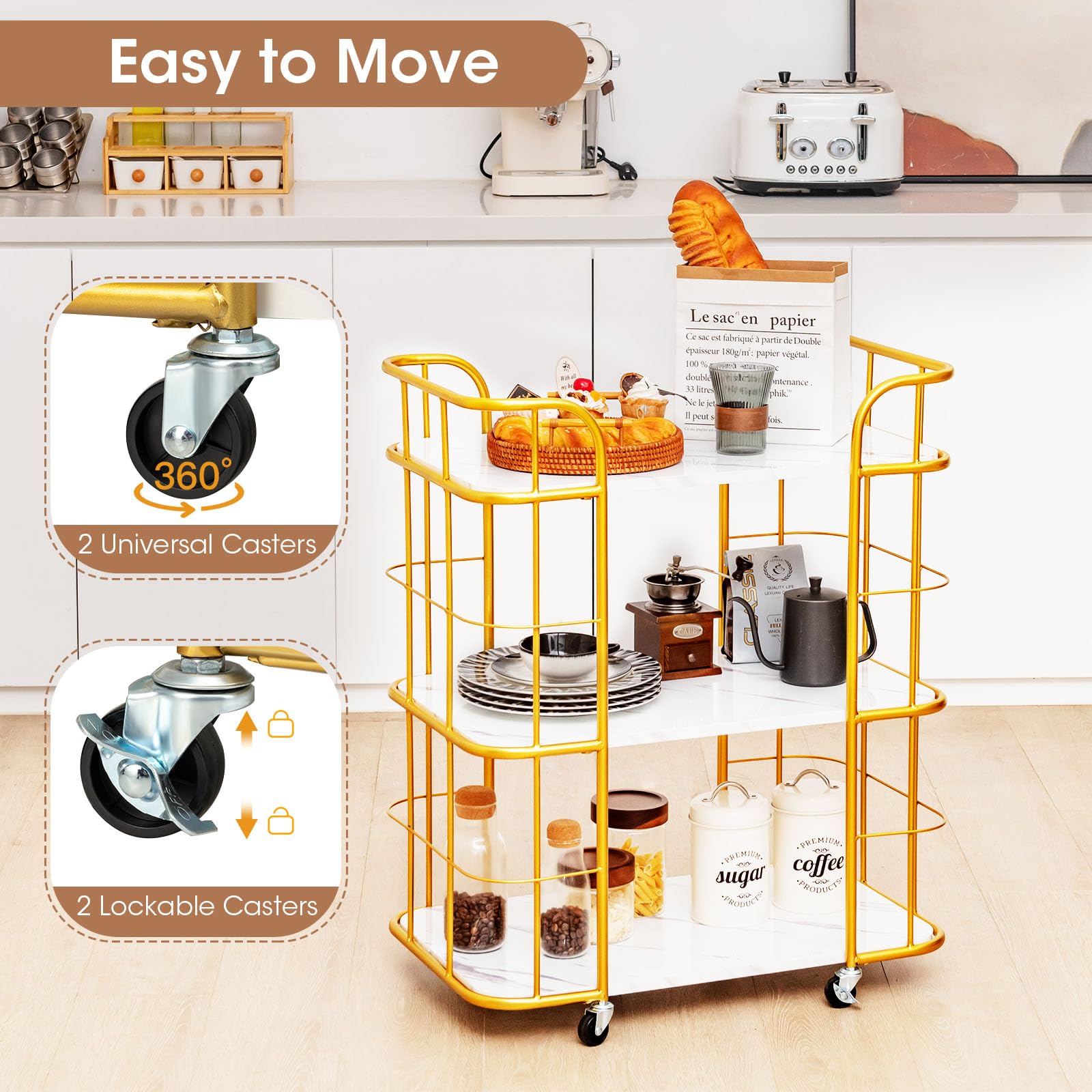 Giantex Gold Bar Cart, Home Island Service Cart, 3 Tier Storage Shelves with Guardrail, Imitation Marble Top, Kitchen Utility Trolley on Wheel Lockable for Dining Room Wine Coffee Bar White (1)