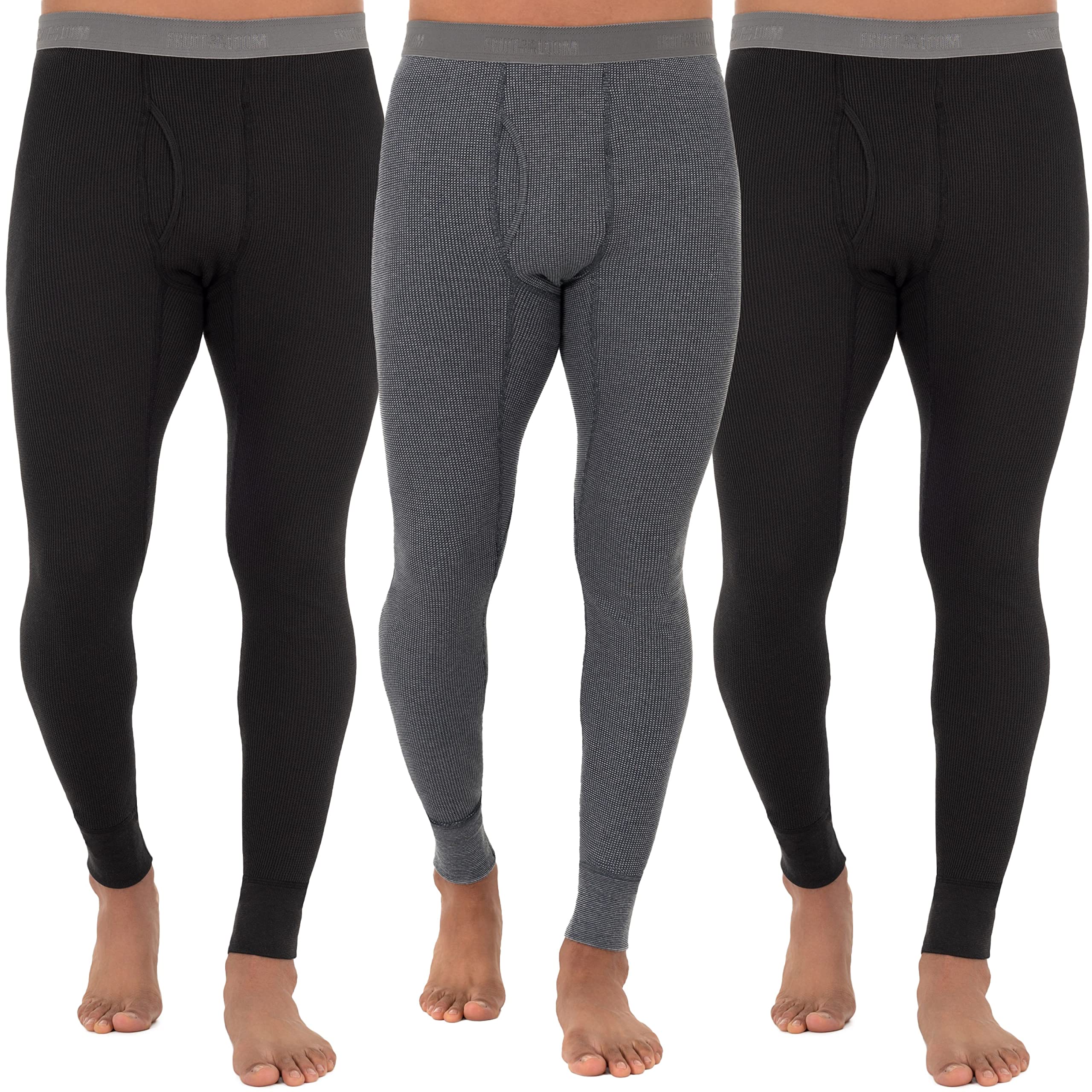 Fruit of the Loom Men's Recycled Premium Waffle Thermal Underwear Long Johns Bottom (1, 2, 3, and 4 Packs), Black/Black/Greystone Heather, 3X-Large