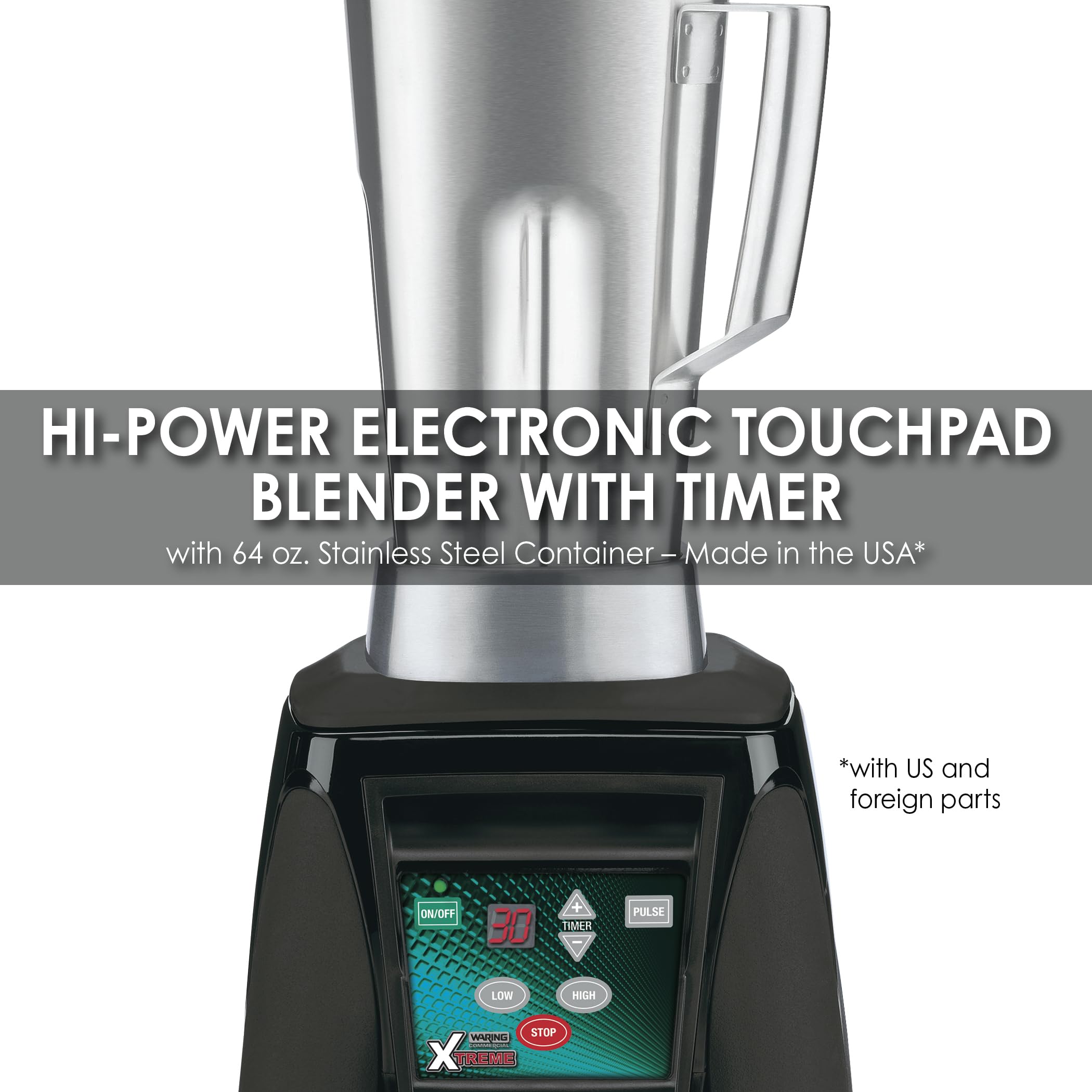 Waring Commercial MX1100XTS 3.5 HP Blender with Electronic Keypad, 30 Second Countdown Timer, Pulse Feature and a 64 oz Stainless Steel Container, 12-V, 5-15 Phase Plug