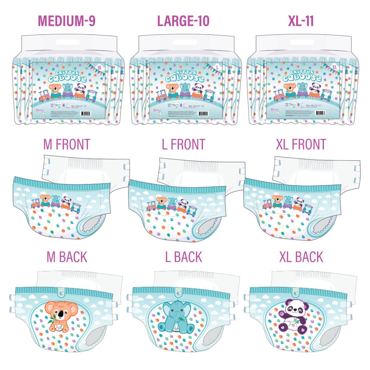 Rearz - Critter Caboose Brief Adult Printed Diapers - 12 Pack - 11000ml (Large)