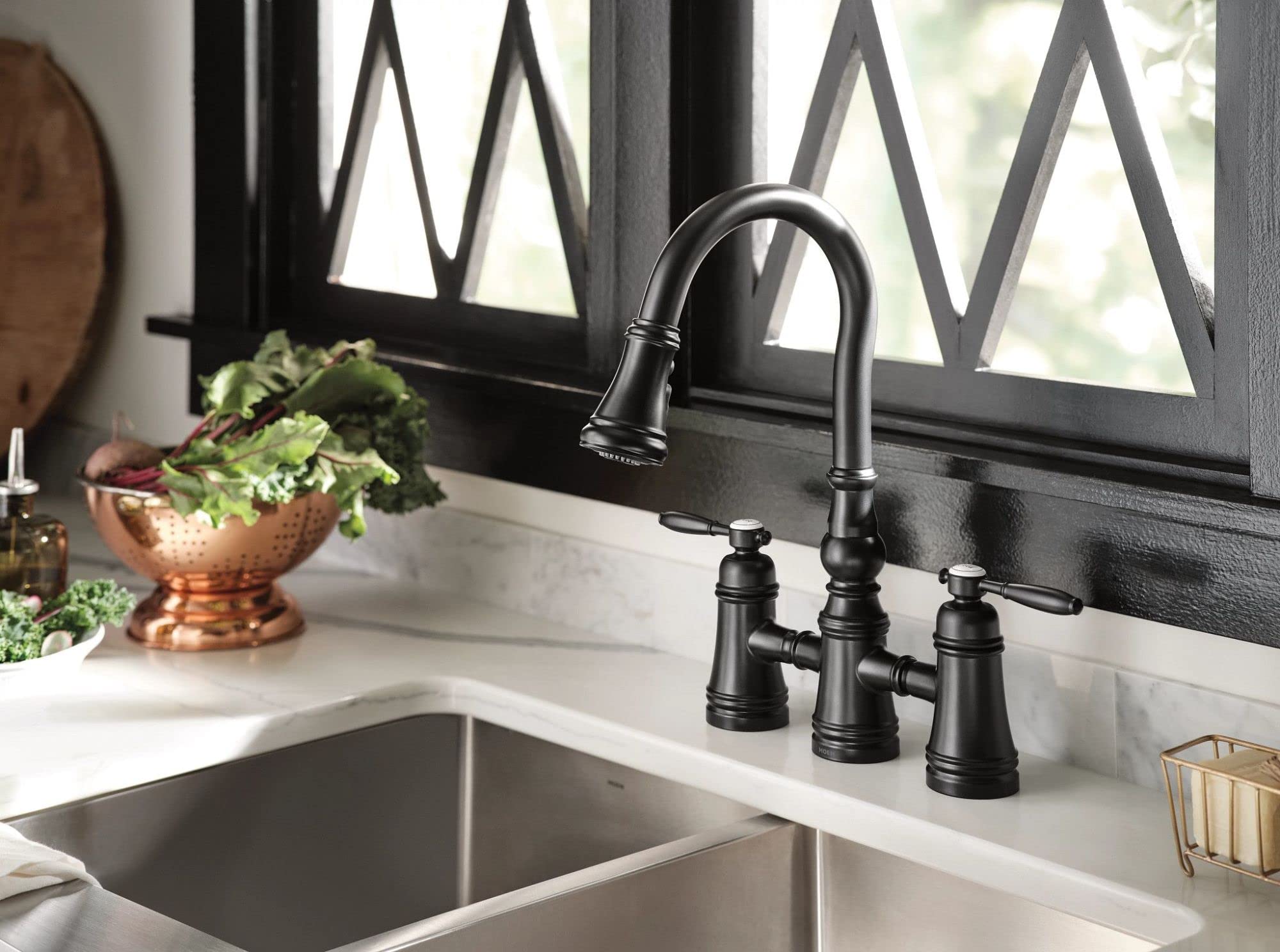 Moen S73204BL Weymouth Two Handle Pulldown Bridge Kitchen Faucet, No Size, Matte Black