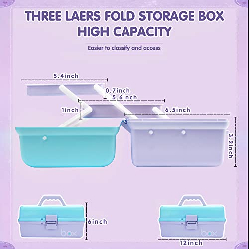 TERGOO 12in Three-Layer Multipurpose Storage Box Organizer Folding Tool Box/Art & Crafts Case/Sewing Supplies Organizer/Medicine Box/Family First Aid Box with 2 Trays (Purple Blue)