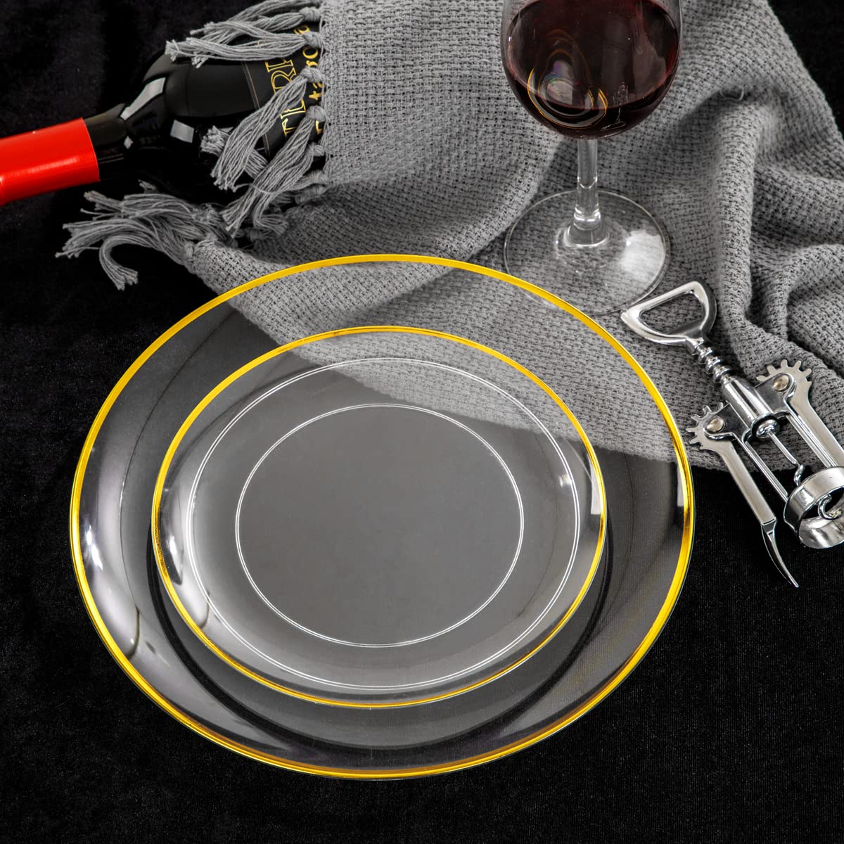 LIYH 60pcs Clear and Gold Plastic Plates Disposable Plates Heavty Duty Includes:30 Dinner Plates 10.25" and 30 Dessert Plates 7.5" Clear Plates with Gold Trim,Wedding Party Plates