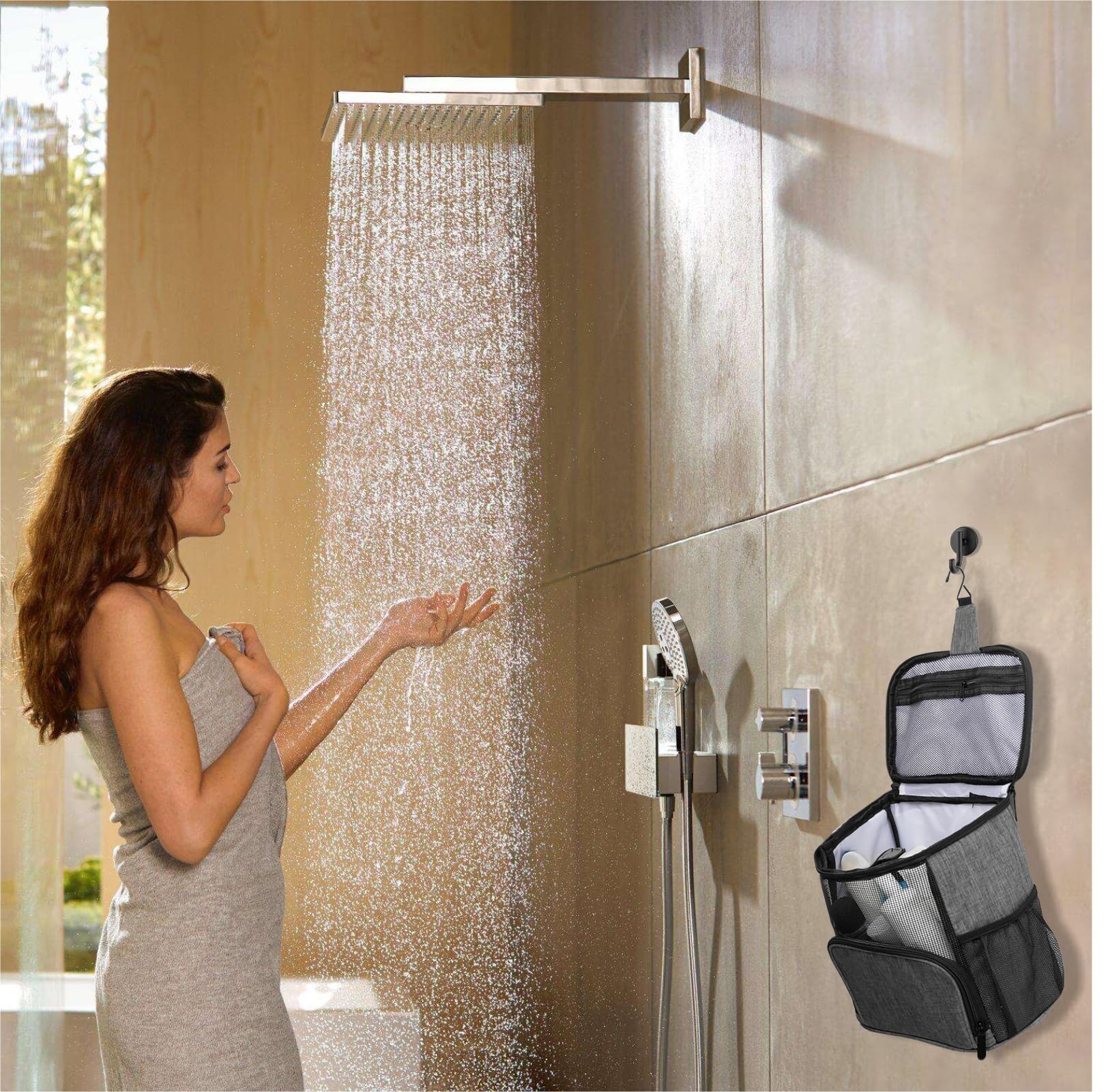 Portable Shower Caddy for Dorm & Gym & Travel - Extra Large Capacity&Drain Mesh, Quick Dry and Water Resistant with Metal Hook - Essential College Dorm for Men & Women(Grey)