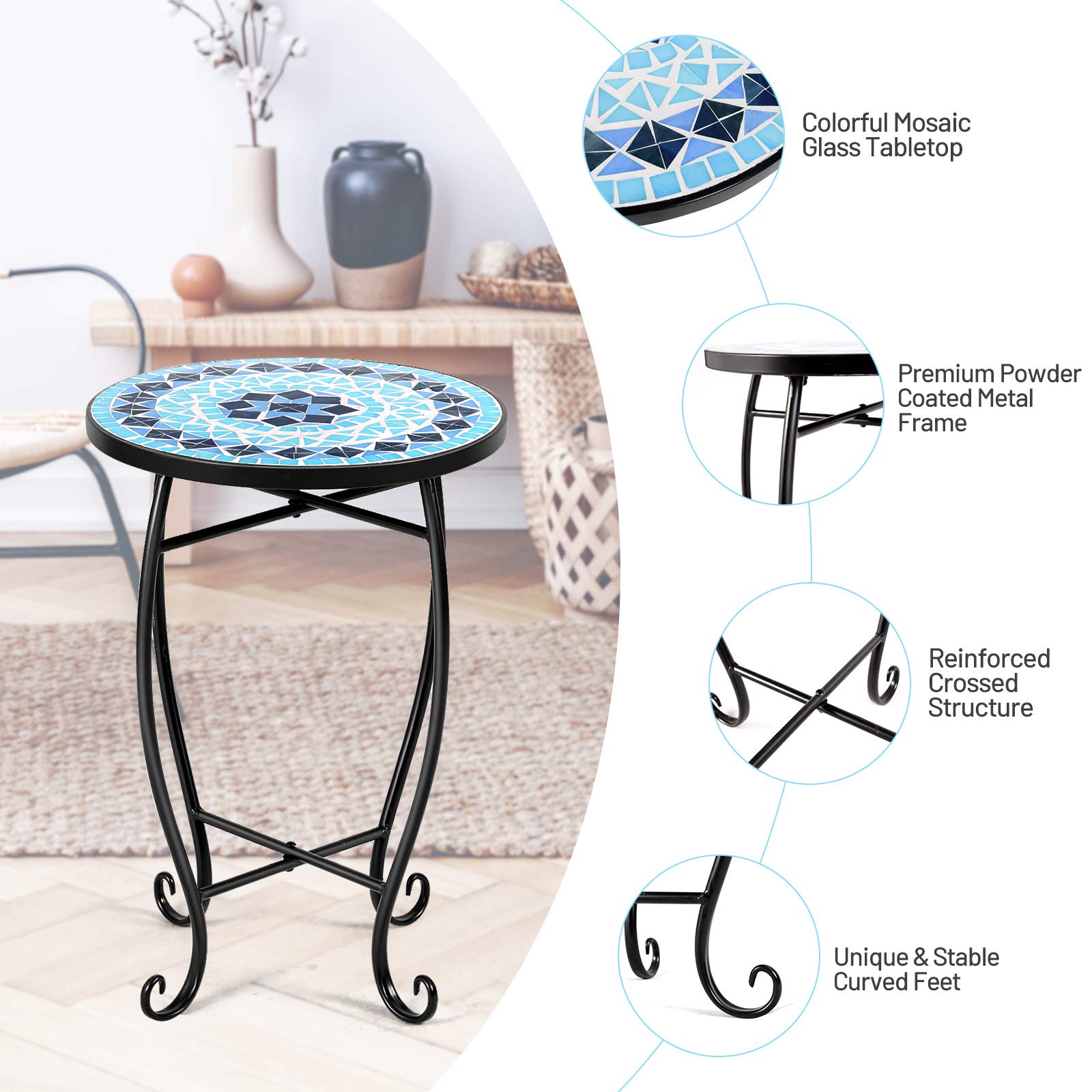 Giantex Outdoor Side Table, Mosaic Patio Table, 12 inch Accent Table Plant Stand, Ceramic Tile Top Metal Frame, Small End Table Porch Beach Patio Garden Balcony Poolside (Wave)