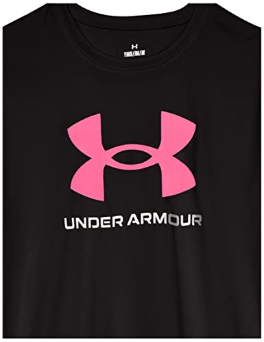 Under Armour Girls' Standard Tech Print Big Logo Short Sleeve Crew, (002) Black/Cerise/White, Large
