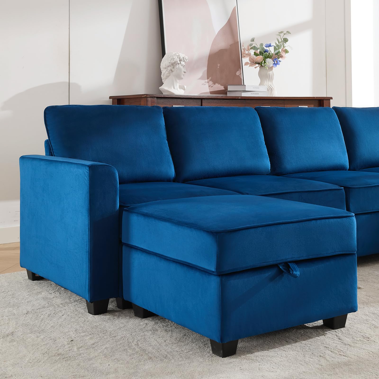 ohllob 110" Modular Sectional Sofa with Storage, 6 Seat Convertible Couches for Living Room, Velvet U Shaped Sofa Bed Couch, Blue